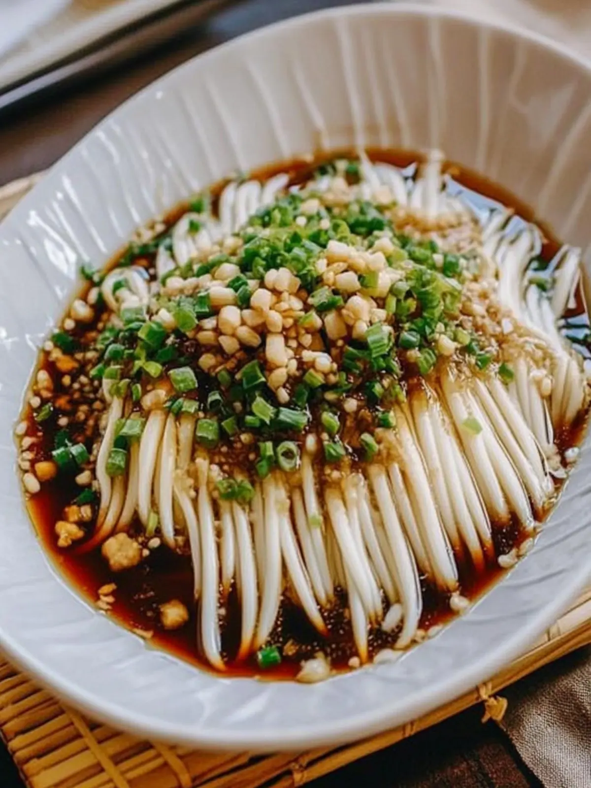 Irresistible Enoki Mushrooms with Garlic & Scallion Sauce